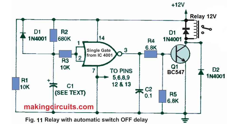 Simple Relay Delay Timer Circuits Using IC 4001