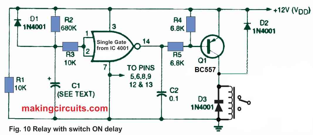 Simple Relay Delay Timer Circuits Using IC 4001